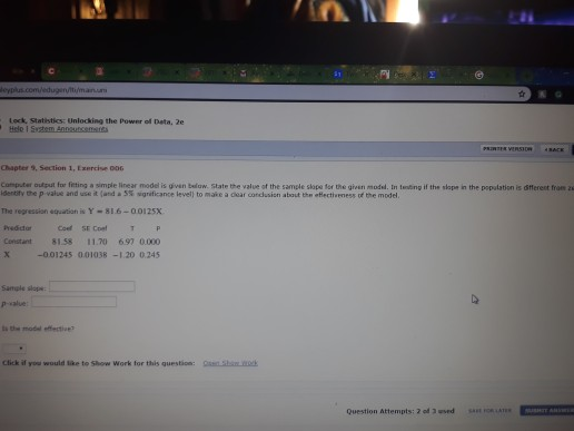 Solved Computer Output For Fitting A Simple Linear Model Is 1602