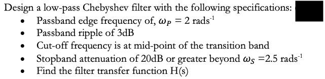 Solved Design a low-pass Chebyshev filter with the following | Chegg.com