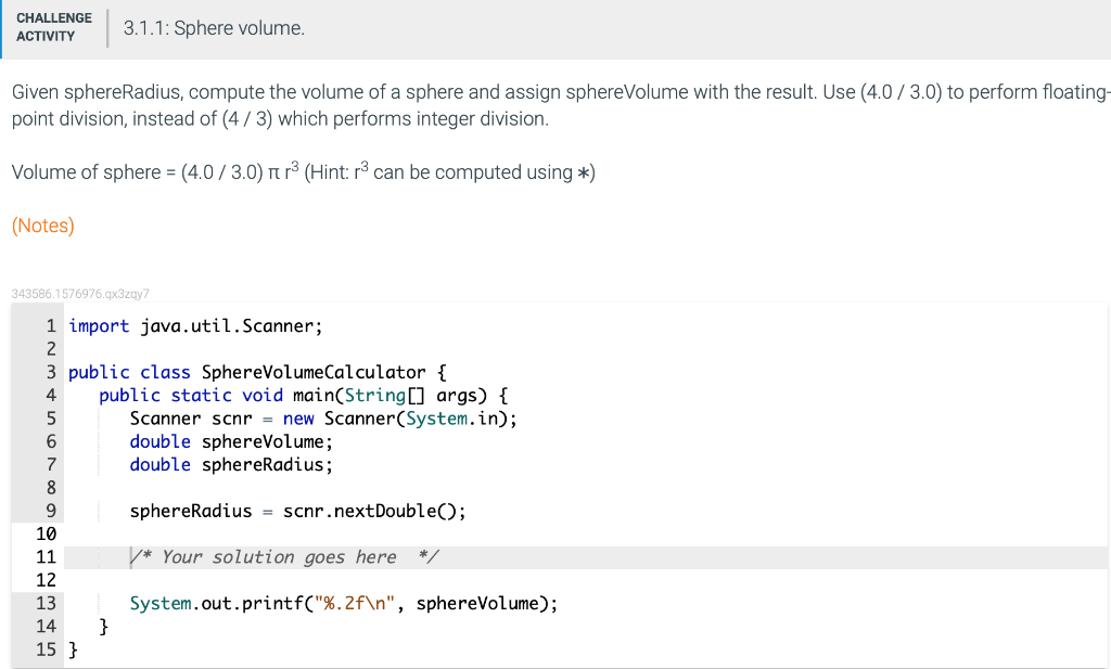 Solved CHALLENGE ACTIVITY 3.1.1: Sphere volume. Given | Chegg.com