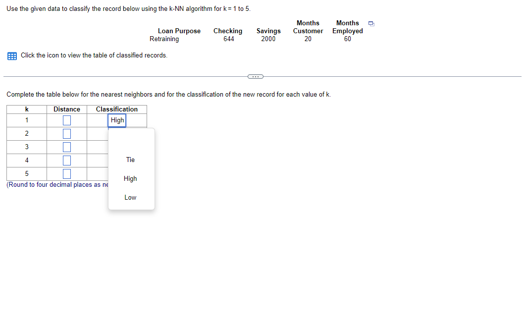 Solved Use the given data to classify the record below using | Chegg.com