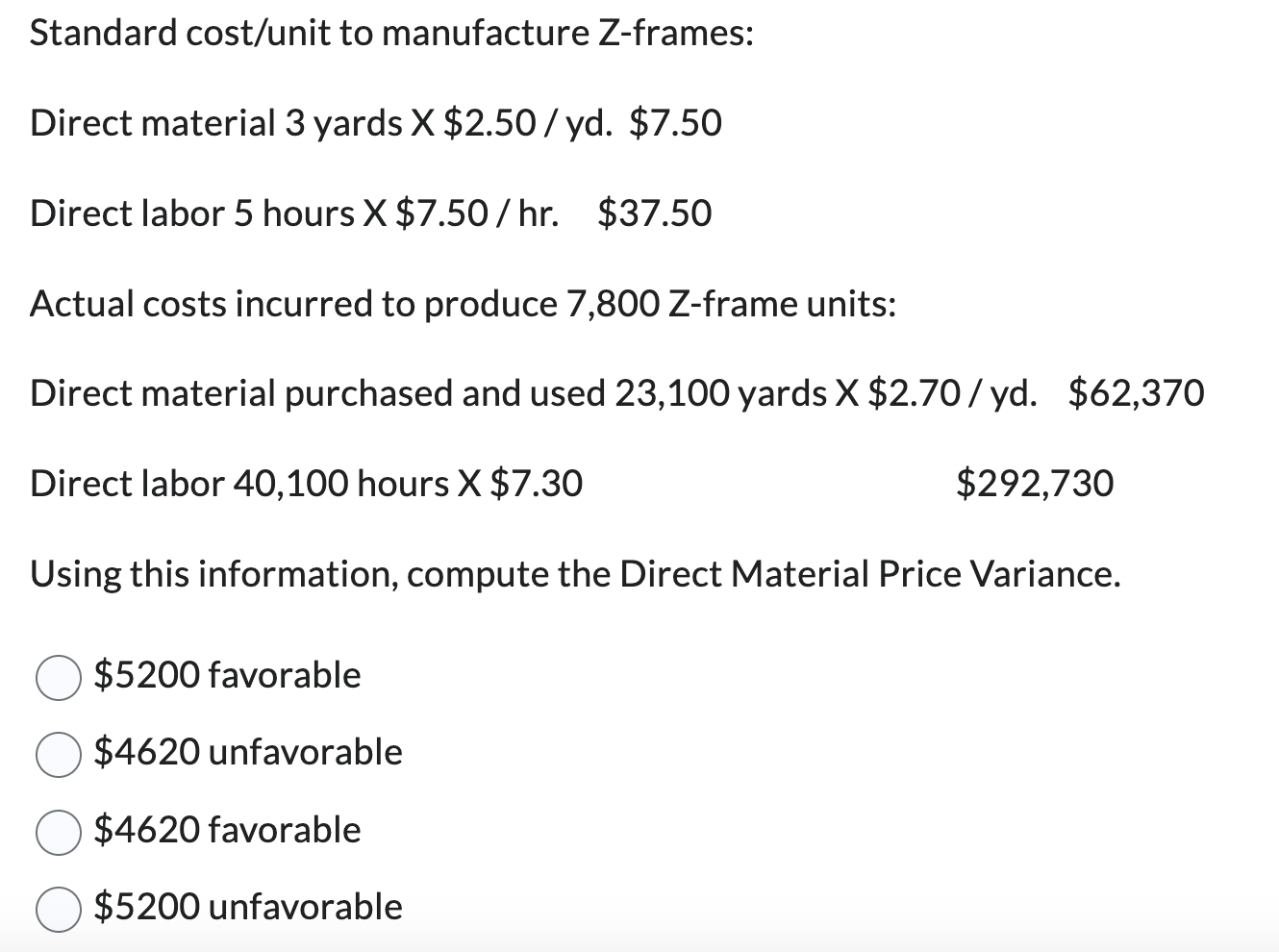 Solved Standard cost/unit to manufacture Z-frames:Direct | Chegg.com