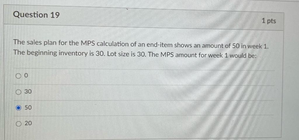 Solved Question 19 1 pts The sales plan for the MPS | Chegg.com
