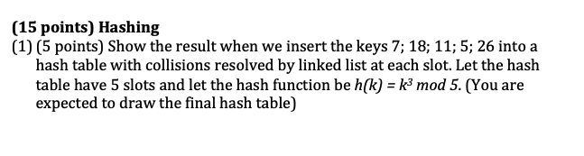 Solved (15 points) Hashing (1) (5 points) Show the result | Chegg.com