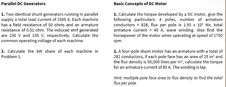 Solved Parallel DC Generators 1. Two identical shunt | Chegg.com