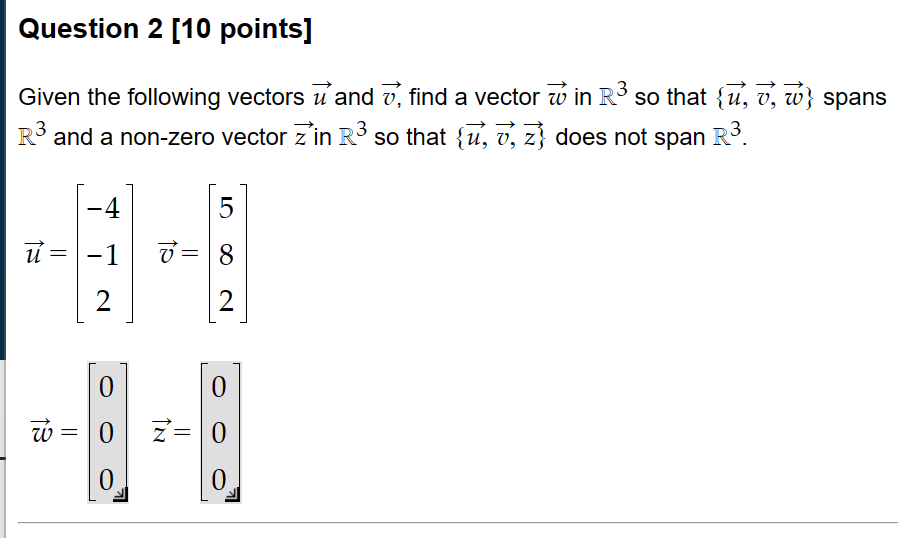 Solved Given the following vectors u and v, find a vector w | Chegg.com