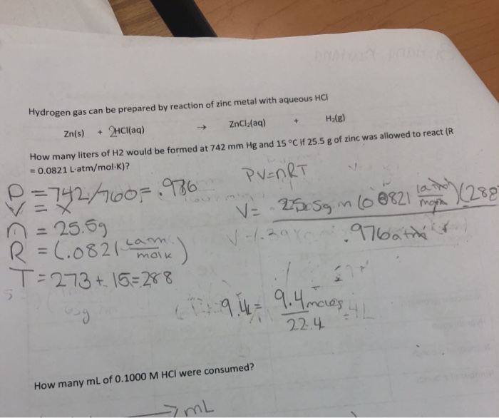 Solved Hydrogen gas can be prepared by reaction of zinc | Chegg.com
