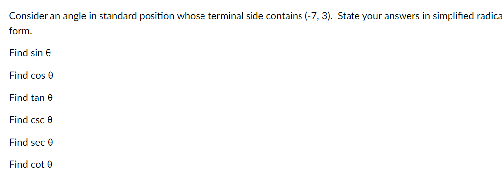 Solved Consider an angle in standard position whose terminal | Chegg.com