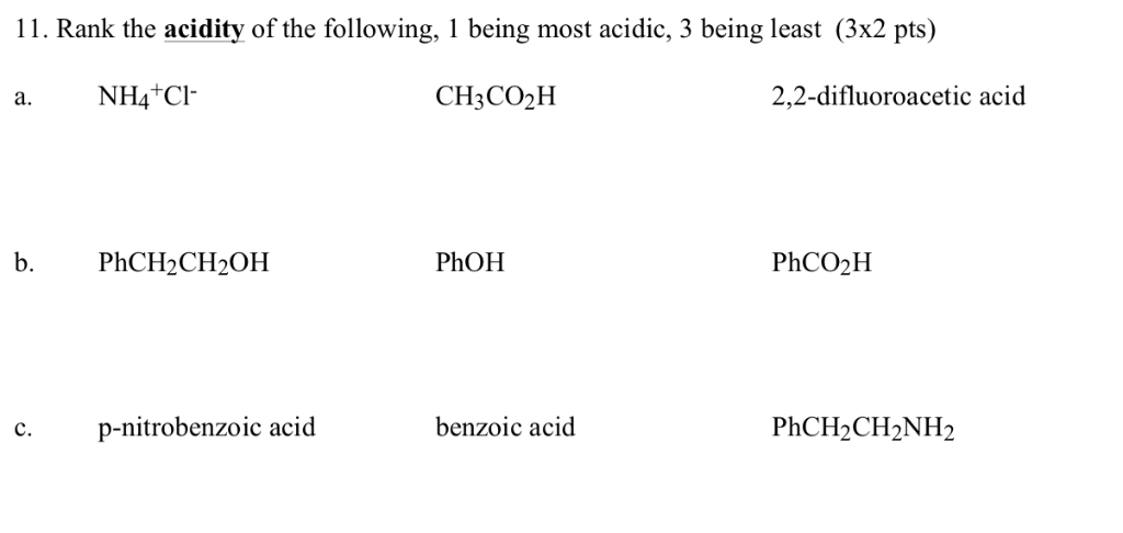 Solved 11. Rank the acidity of the following, 1 being most | Chegg.com