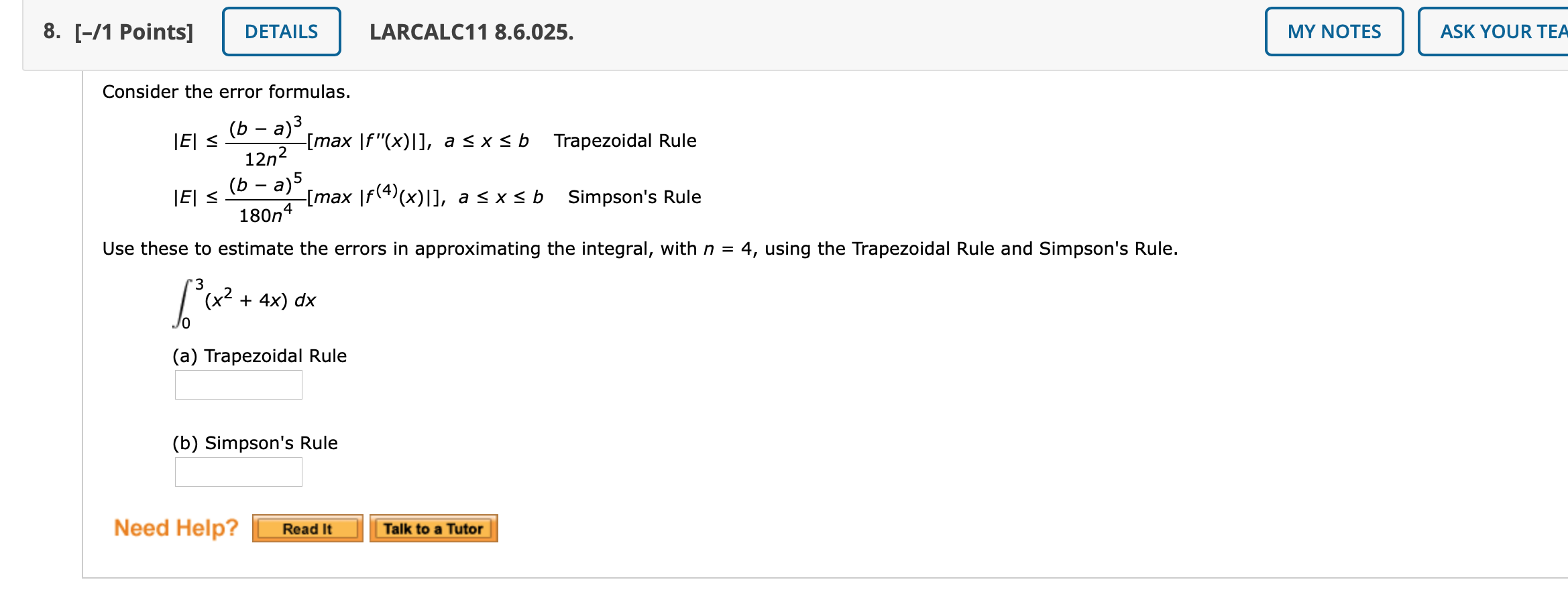 Solved 8. [-/1 Points] DETAILS LARCALC11 8.6.025. MY NOTES | Chegg.com