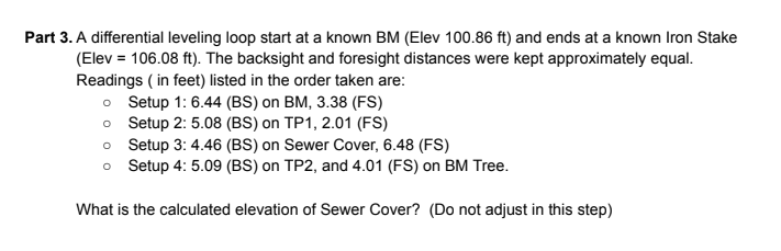Solved art 3. A differential leveling loop start at a known | Chegg.com