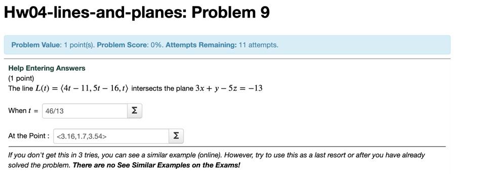 Solved Hw04-lines-and-planes: Problem 9 Problem Value: 1 | Chegg.com