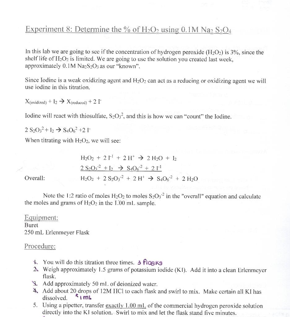 Solved Experiment 8: Determine the % of H20; using 0.1M Na2 | Chegg.com