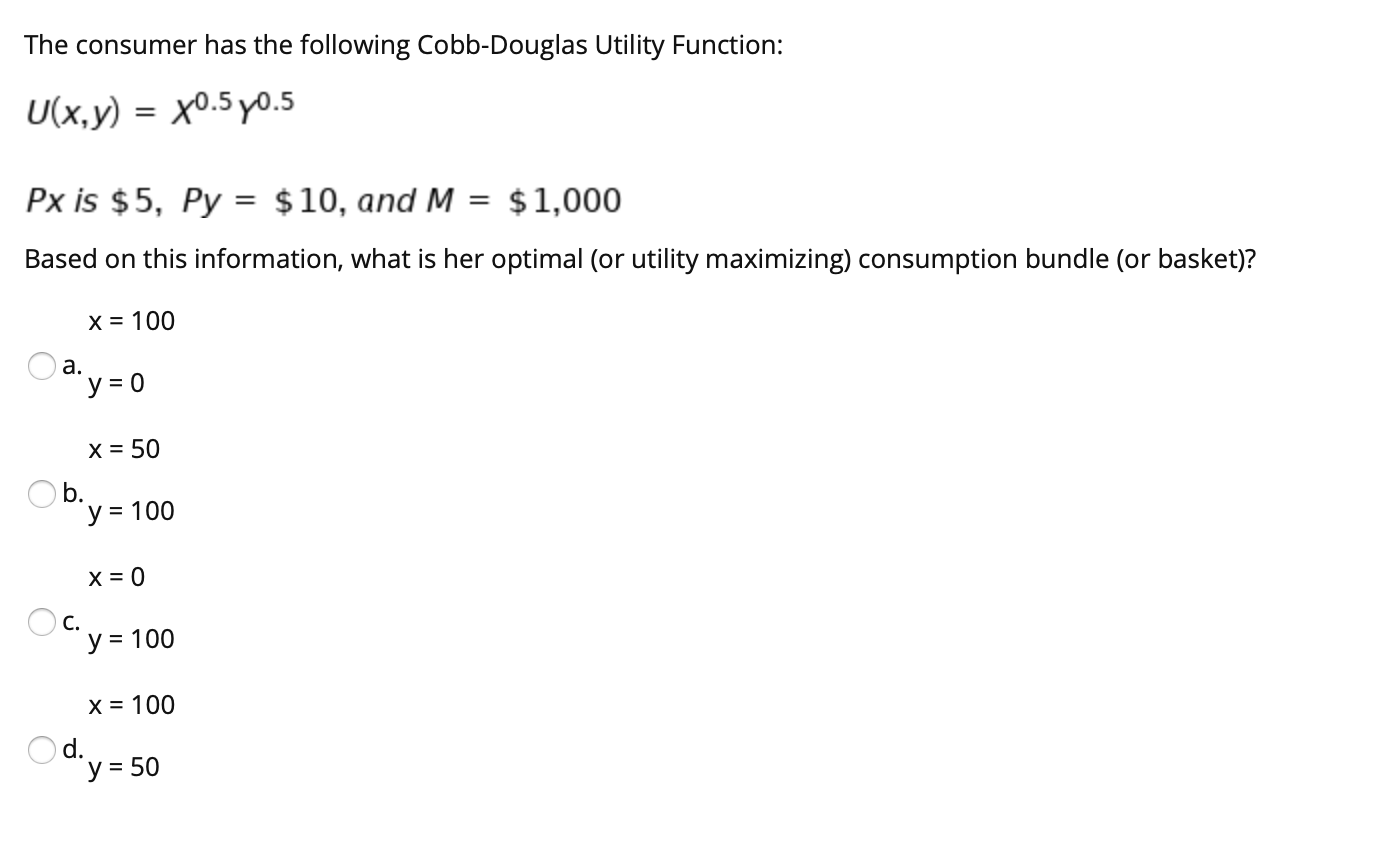 Solved The consumer has the following Cobb-Douglas Utility | Chegg.com