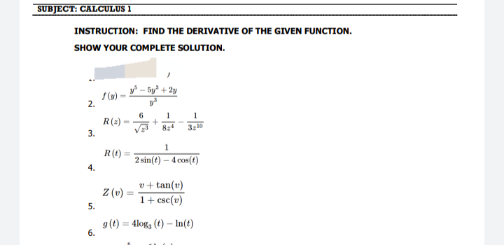 Solved INSTRUCTION: FIND THE DERIVATIVE OF THE GIVEN | Chegg.com