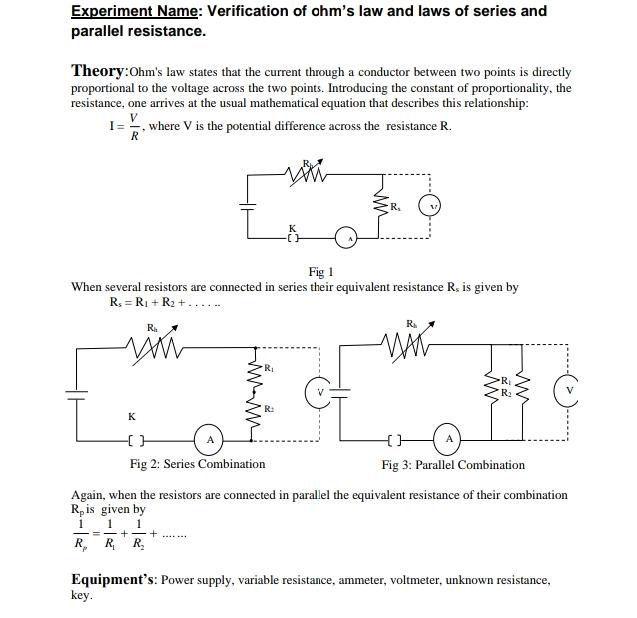 Solved Experiment Name: Verification of ohm's law and laws | Chegg.com