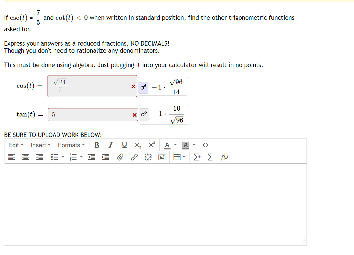 Solved If csc(t)=57 and cot(t)