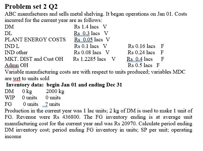 Solved Problem set 2 ﻿Q2ABC manufactures and sells metal | Chegg.com