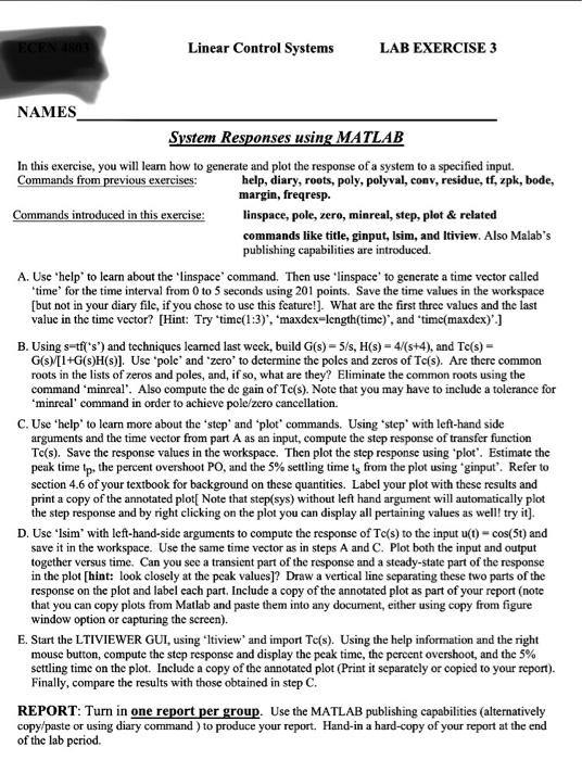 Solved Linear Control Systems LAB EXERCISE 3 NAMES System | Chegg.com