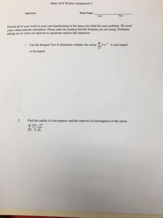 Solved Math 2414 Written Assignment 3 Math 2414 Print Name: | Chegg.com