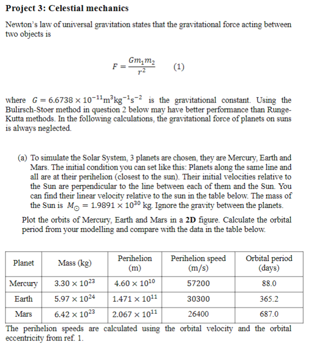 Solved Project 3: Celestial mechanics Newton's law of | Chegg.com