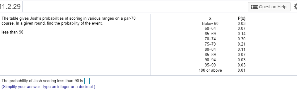 Solved 11.2.29 Question Help The table gives Josh's | Chegg.com