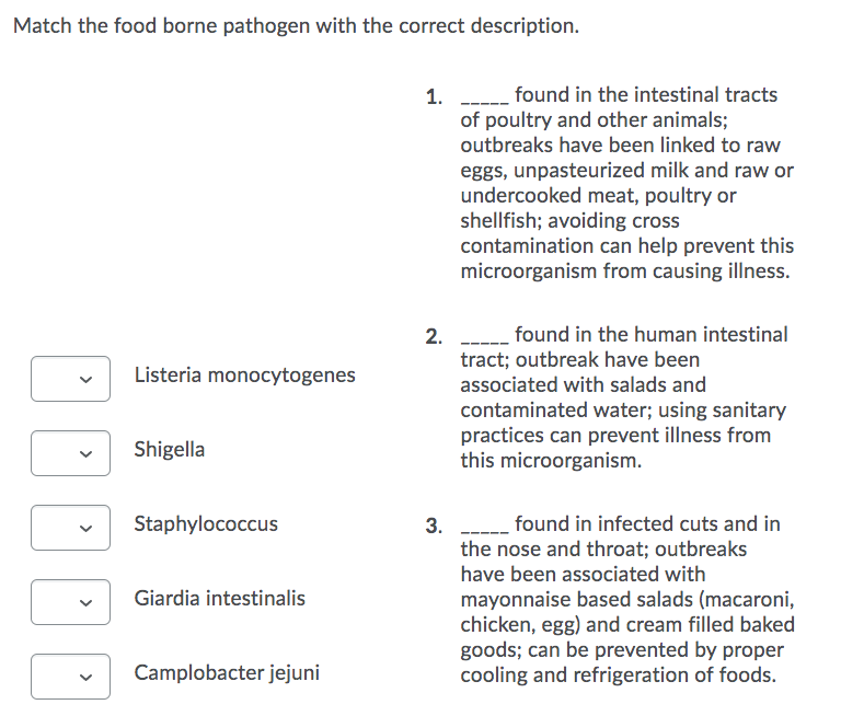 Solved Match the food borne pathogen with the correct | Chegg.com