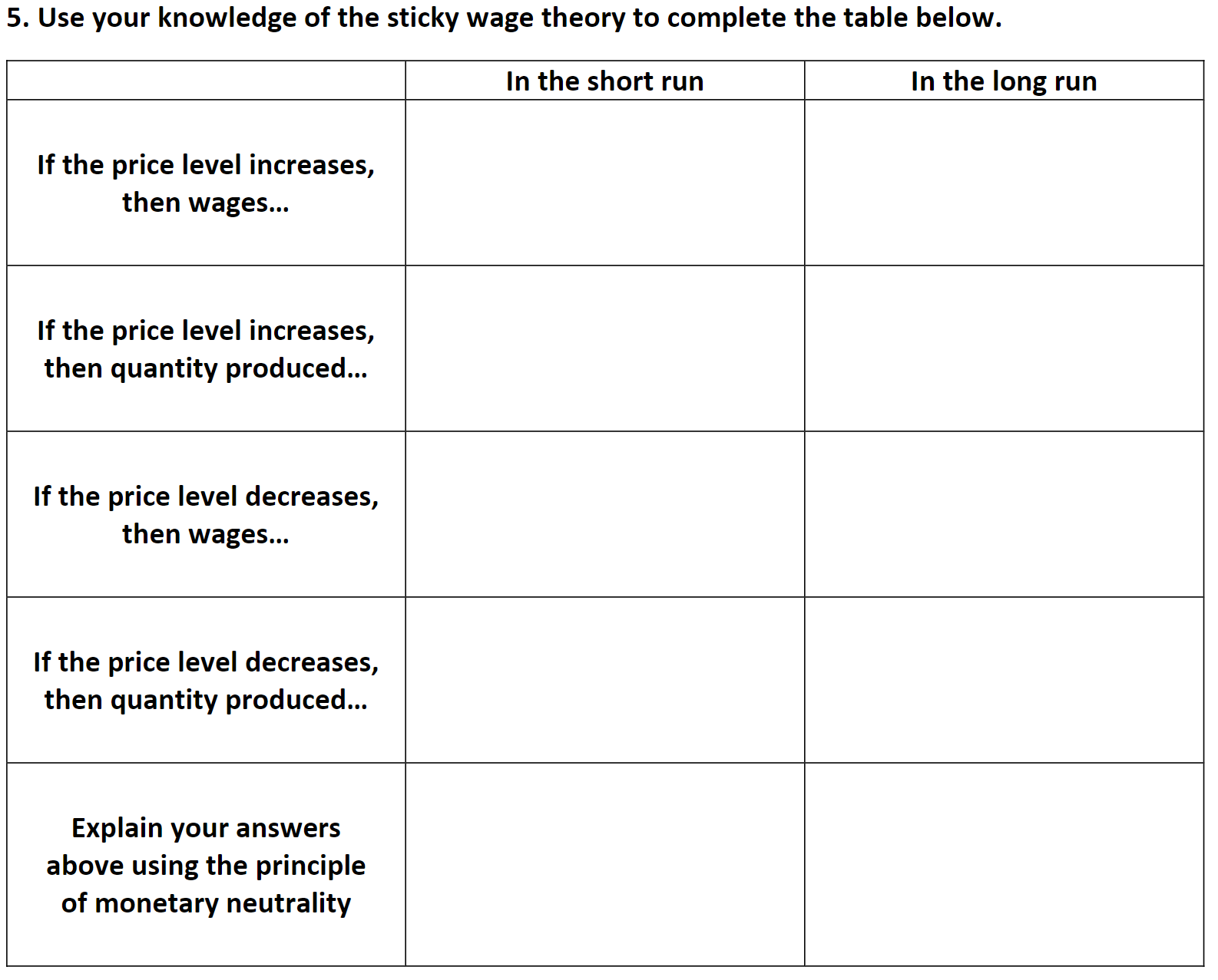 [Solved]: 5. Use your knowledge of the sticky wage theory t