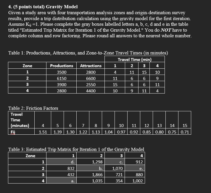 Solved 4. (5 points total) Gravity Model Given a study area | Chegg.com