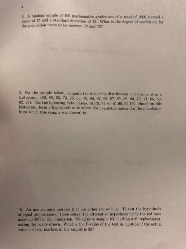 Solved 8. A random sample of 100 mathematics grades out of a | Chegg.com