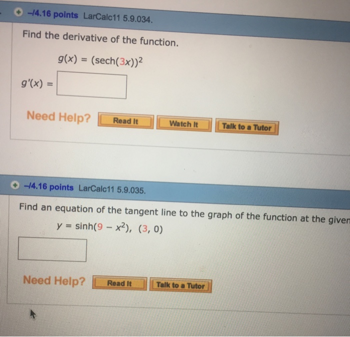 Solved -14.16 points LarCalc11 5.9.034 Find the derivative | Chegg.com