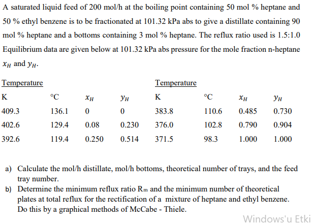 Solved A saturated liquid feed of 200 mol/h at the boiling | Chegg.com