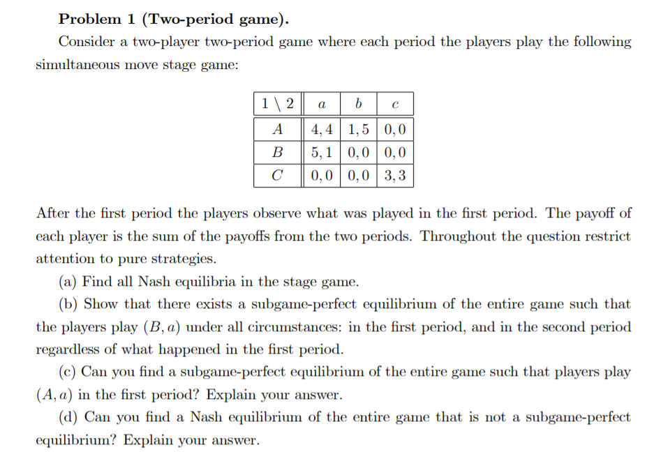 Solved Problem 1 (Two-period game). Consider a two-player | Chegg.com