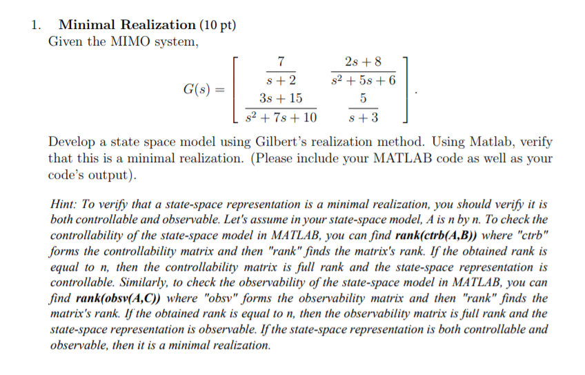 Solved Minimal Realization 10 Pt Given The Mimo System 1
