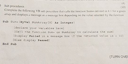 Solved 3 Sub procedures (10) Complete the following VB sub | Chegg.com