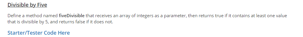 Solved Divisible by Five Define a method named fiveDivisible | Chegg.com