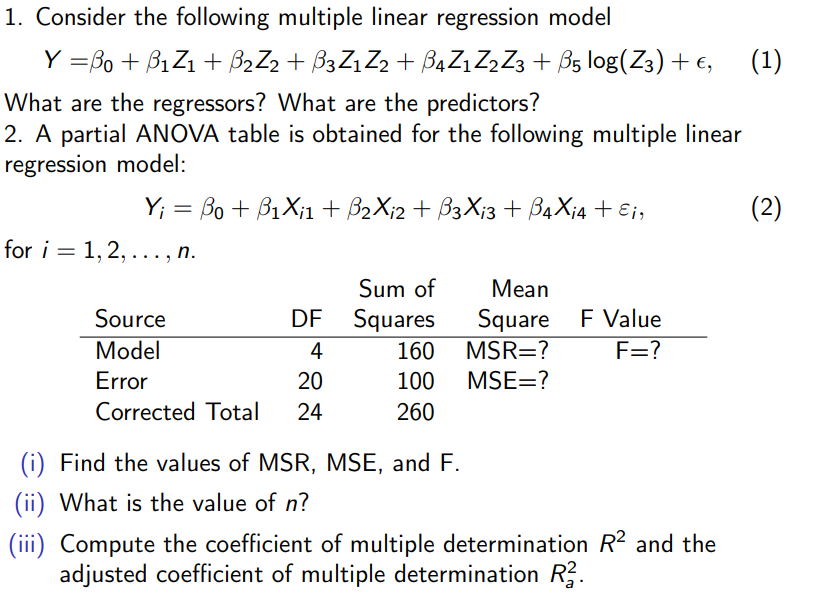 Solved 1. Consider the following multiple linear regression | Chegg.com