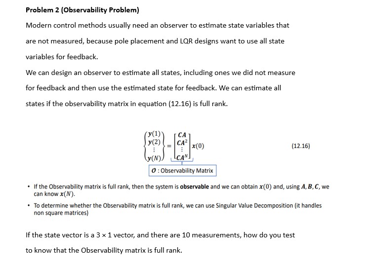 Solved Problem 2 (Observability Problem) Modern control | Chegg.com