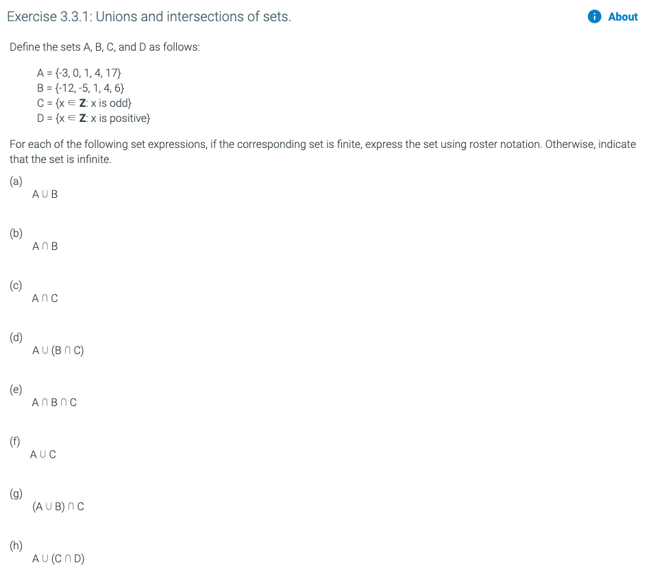 Solved Exercise 3.3.1: Unions and intersections of sets. | Chegg.com