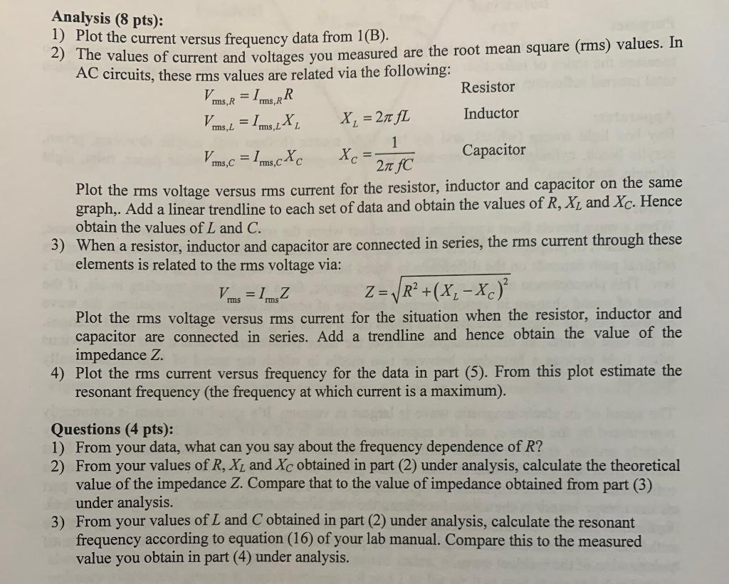 Analysis (8 pts): 1) Plot the current versus | Chegg.com