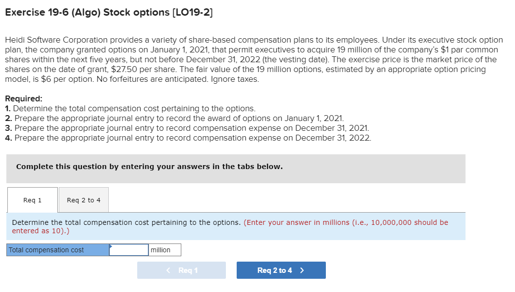 Solved Exercise 19-6 (Algo) Stock options (L019-2] Heidi | Chegg.com