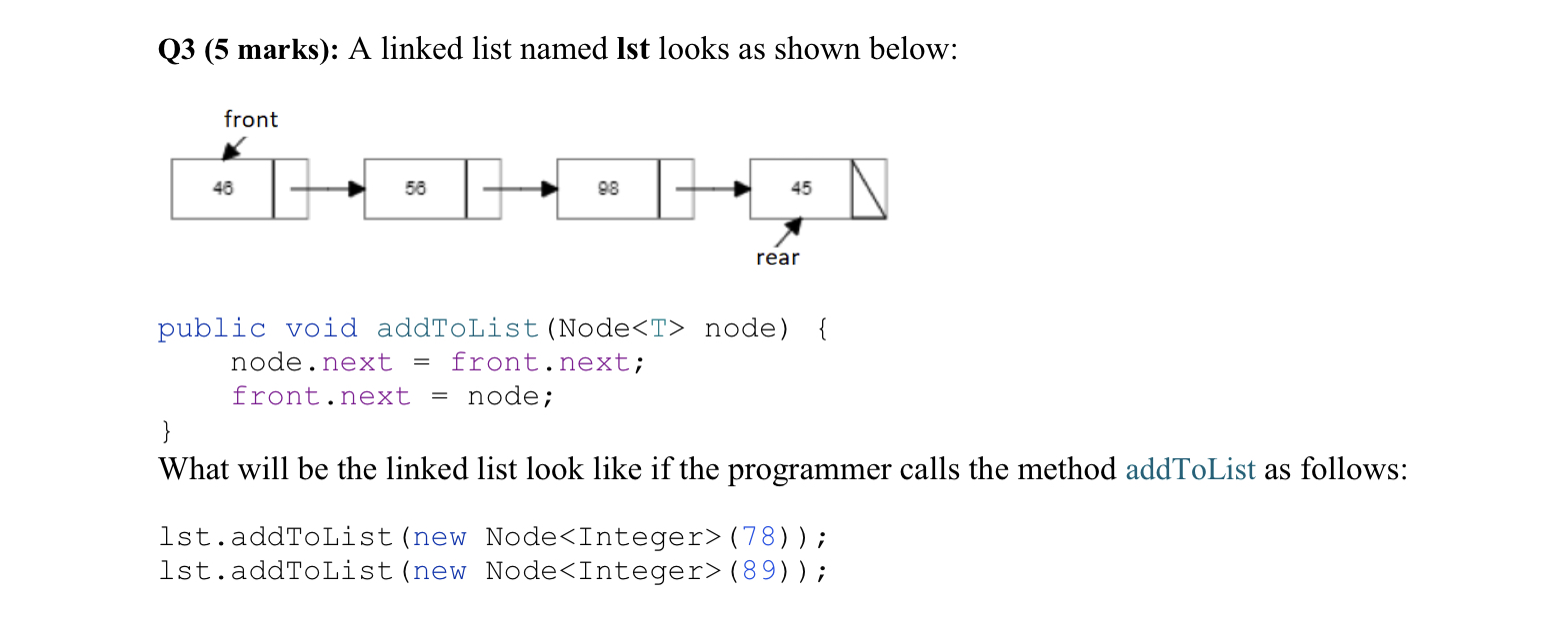 Solved Q3 (5 marks): A linked list named lst looks as shown | Chegg.com