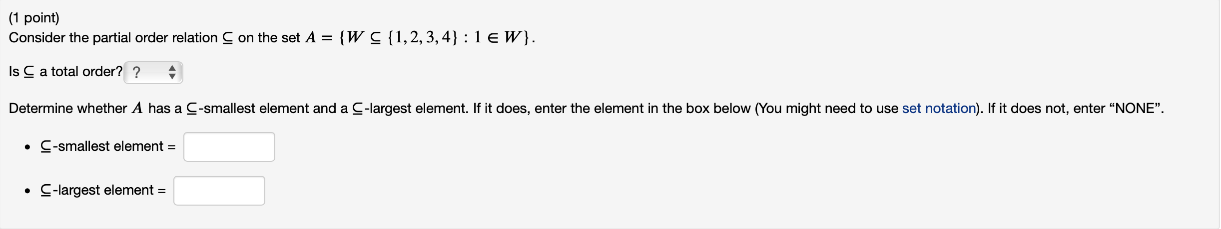 Solved (1 point) Consider the partial order relation C on | Chegg.com