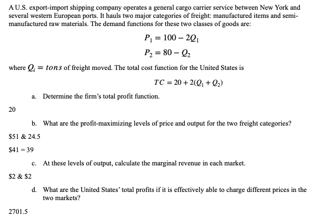 Solved AU.S. export-import shipping company operates a | Chegg.com