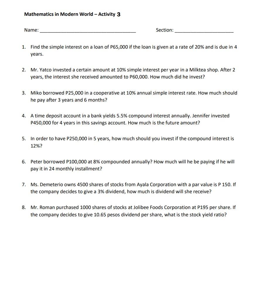 Solved Mathematics in Modern World - Activity 3 Name: | Chegg.com