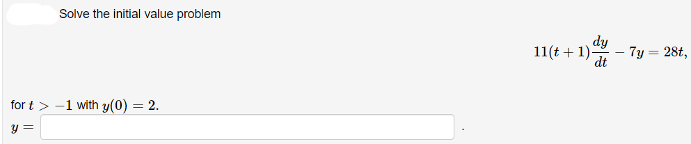 Solved Solve the initial value problem11(t+1)dydt-7y=28tfor | Chegg.com