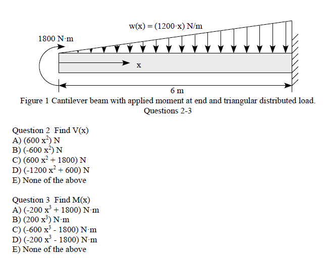 Solved w(x) = (1200-x) N/m 1800 N·m 6 m Figure 1 Cantilever | Chegg.com