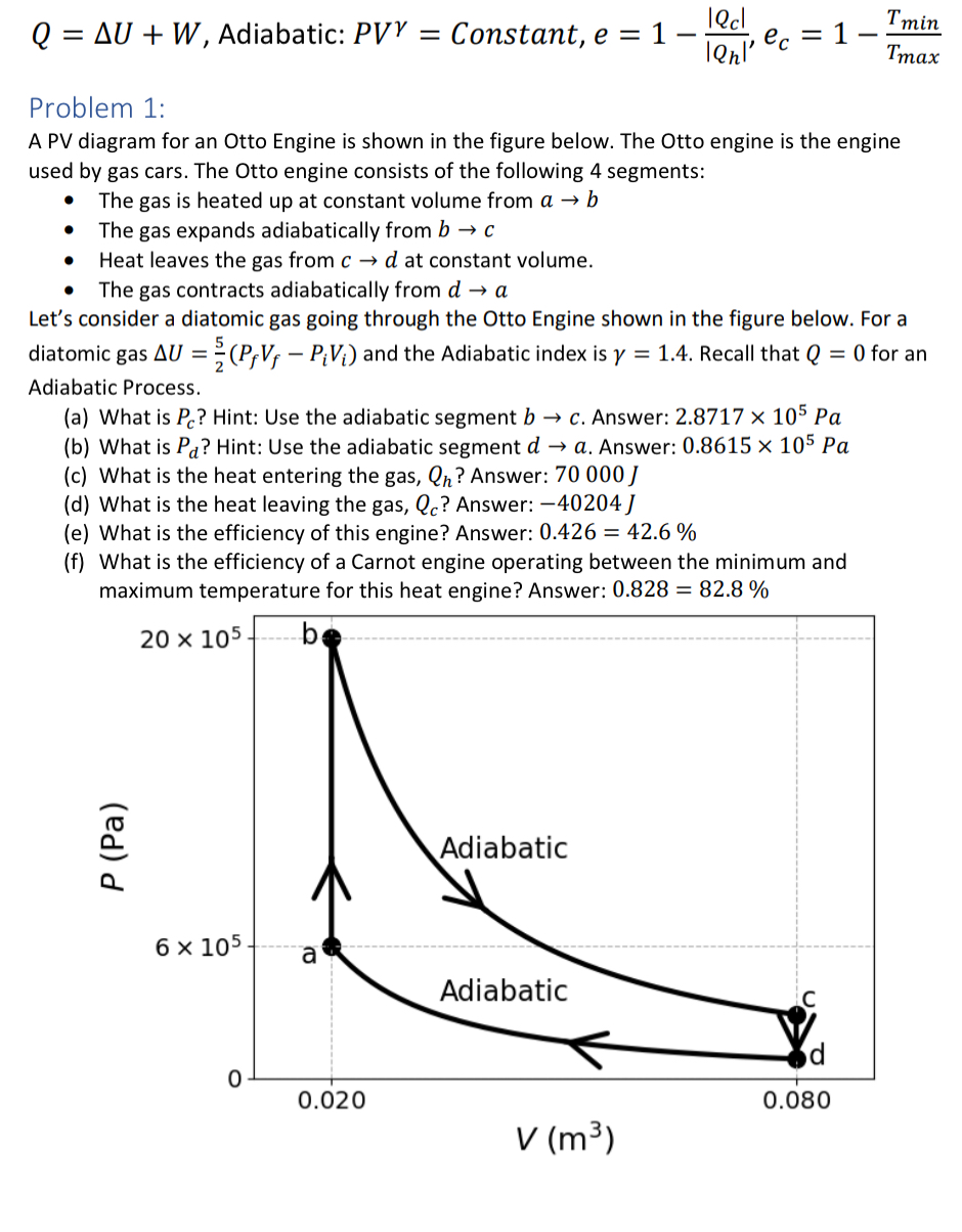 Solved Q=ΔU+W, ﻿Adiabatic: PVγ= ﻿Constant, | Chegg.com