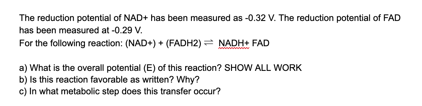 Solved The reduction potential of NAD+ has been measured as | Chegg.com