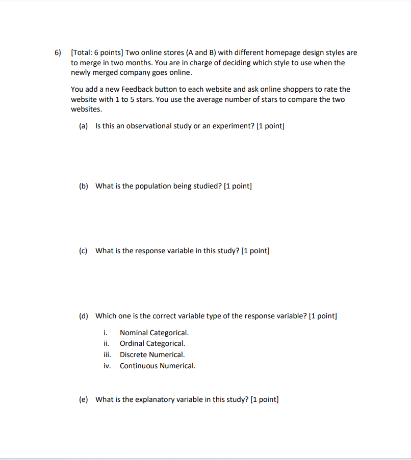 Solved [Total: 6 points] Two online stores (A and B) with | Chegg.com