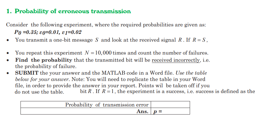 Solved 1. Probability of erroneous transmission Consider the | Chegg.com